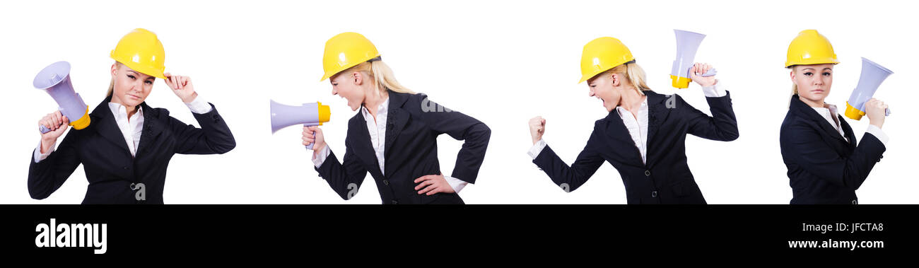 Female construction worker with loudspeaker Stock Photo - Alamy