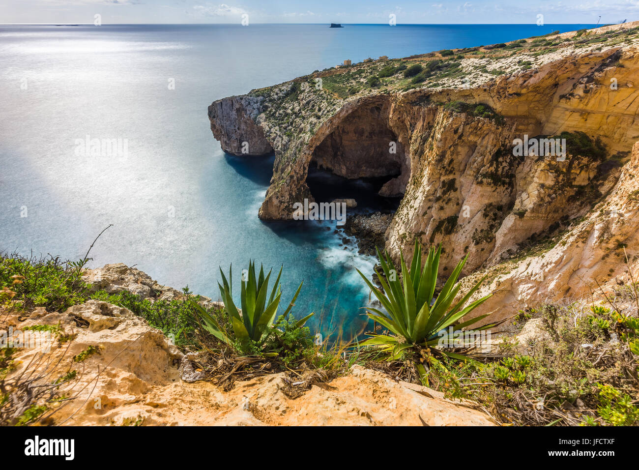 Malta - The famous arch of Blue Grotto cliffs with green leaves Stock ...