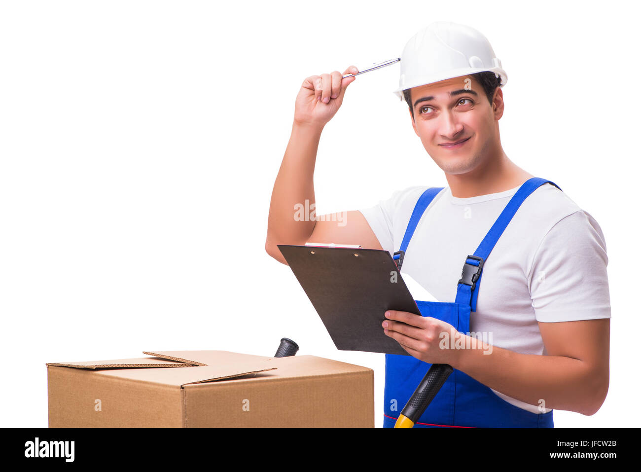 Man delivering box isolated on white Stock Photo - Alamy