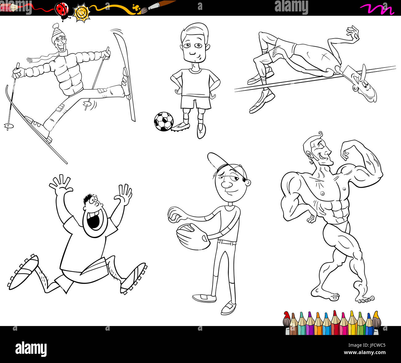 sportsmen cartoon coloring page Stock Photo - Alamy