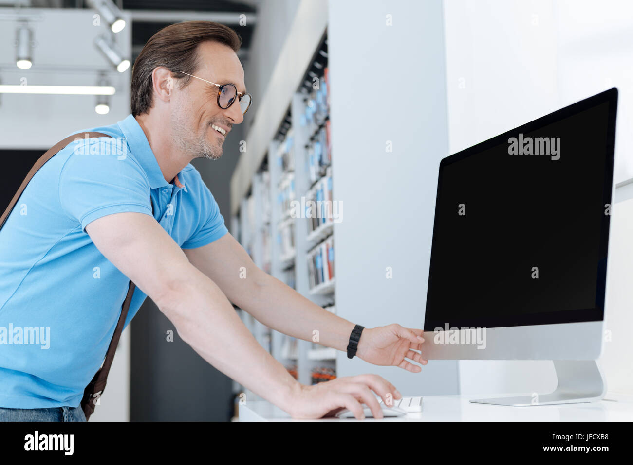 I could scarcely believe my eyes. Happy man grinning widely and leaning ...