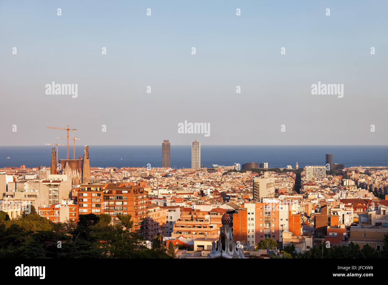 Sunset cityscape of Barcelona city in Catalonia, Spain, elevated view ...