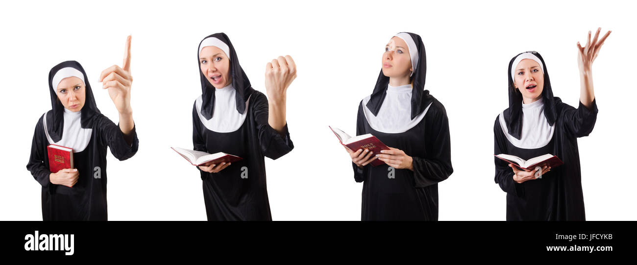 Pretty nun with Bible isolated on white Stock Photo - Alamy