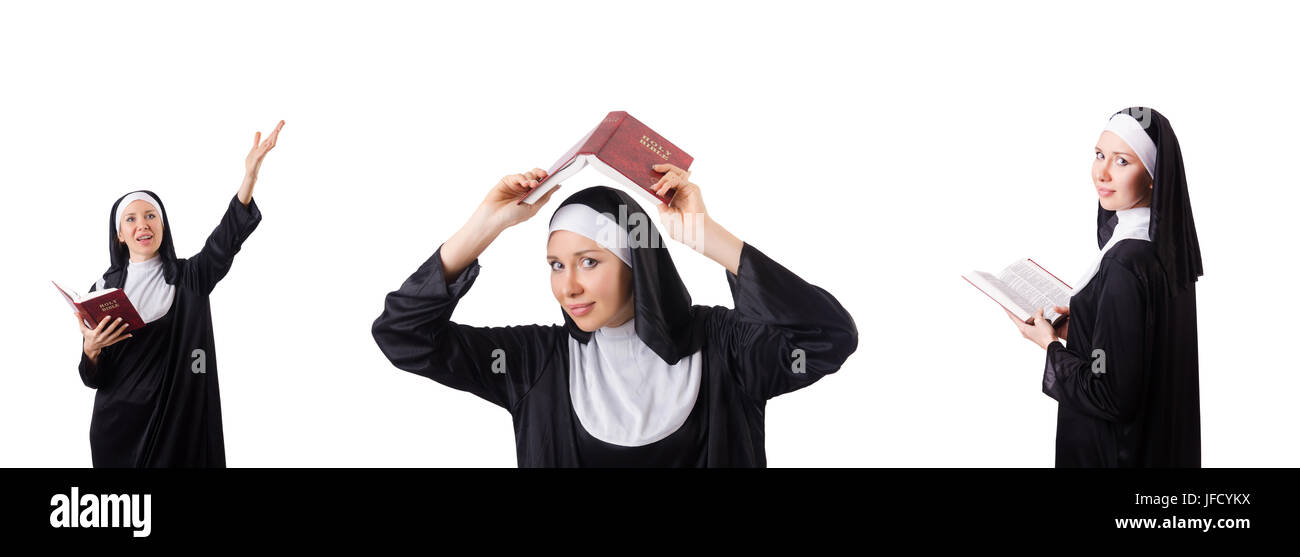 Pretty nun with Bible isolated on white Stock Photo - Alamy
