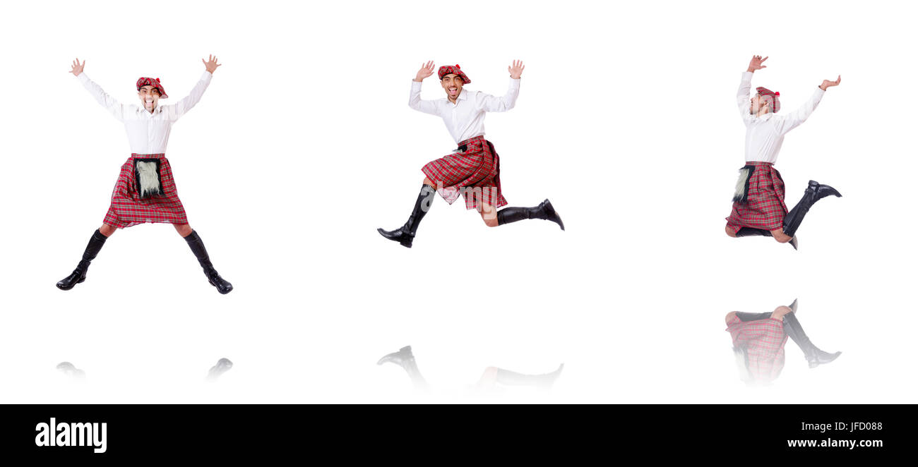 Scottish man dancing on white Stock Photo - Alamy