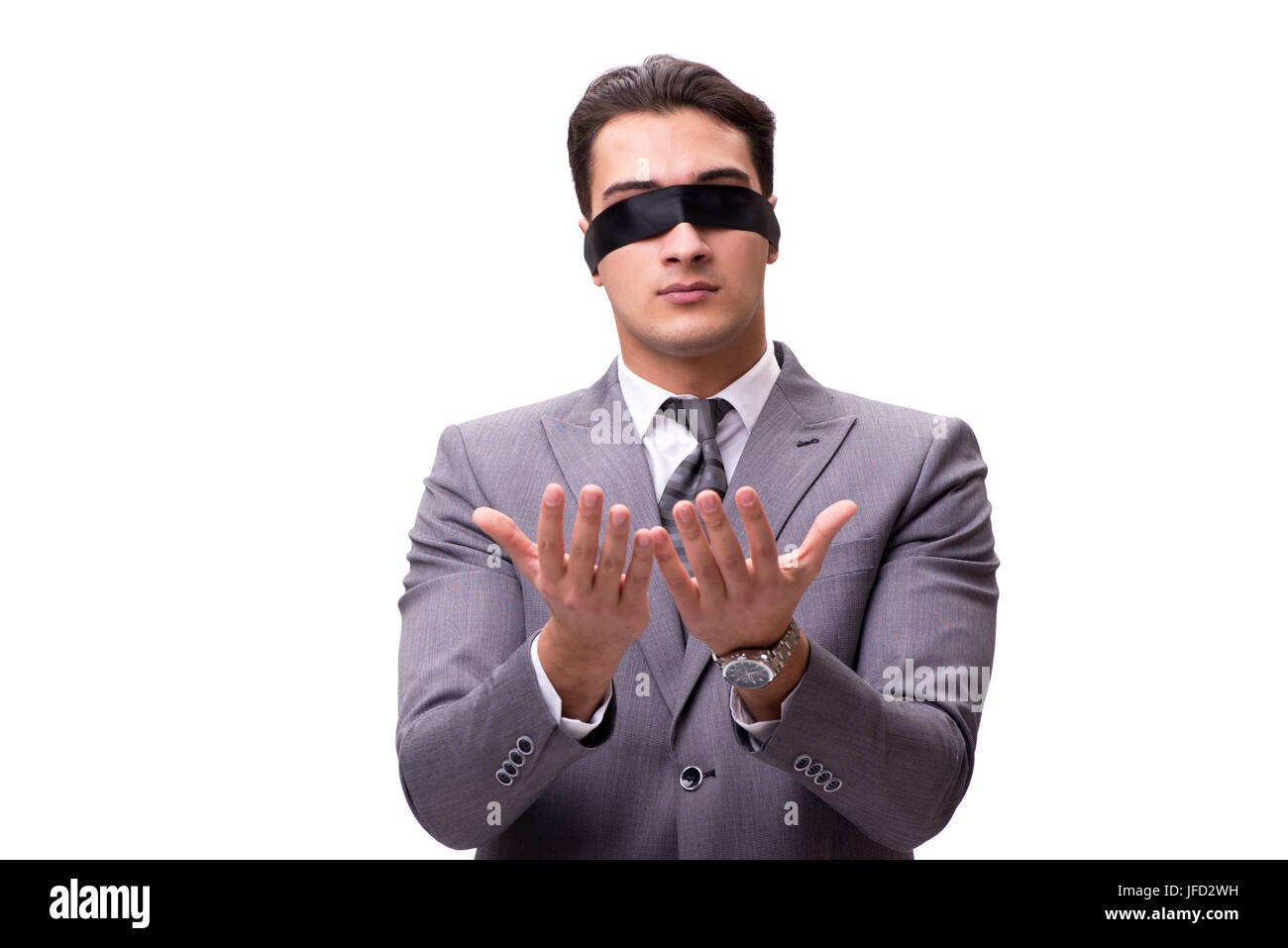 Blindfolded businessman isolated on white Stock Photo - Alamy