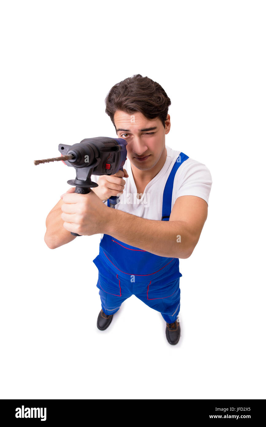Funny repairman with drill isolated on white Stock Photo - Alamy