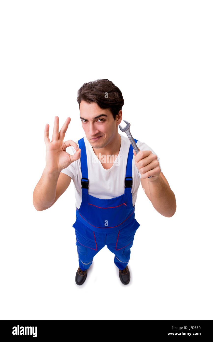 Funny repairman with tools isolated on white Stock Photo - Alamy