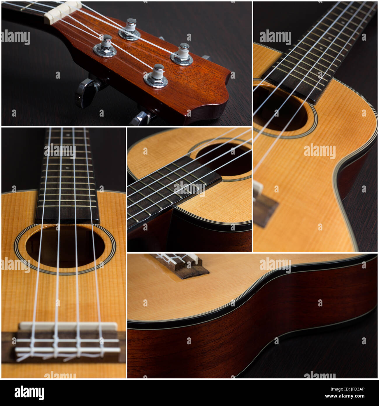 Ukulele guitar over dark background collage Stock Photo - Alamy