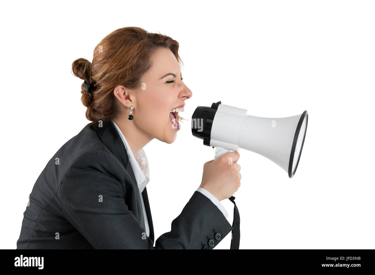 Funny business woman shouting with a megaphone over white background ...