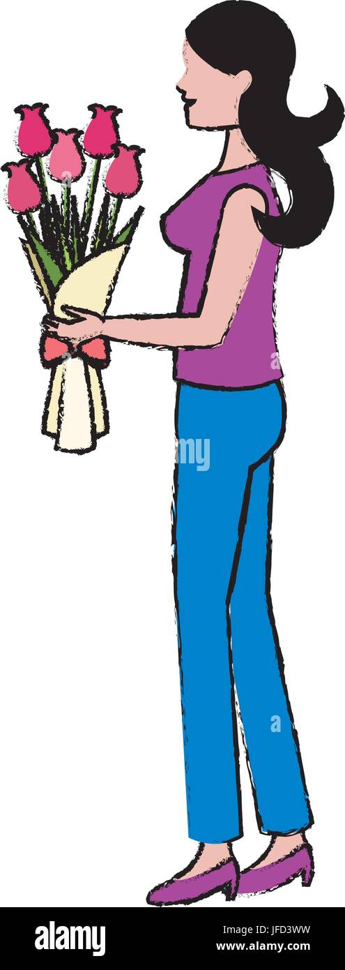 cartoon woman with bouquet flower Stock Vector Image & Art - Alamy