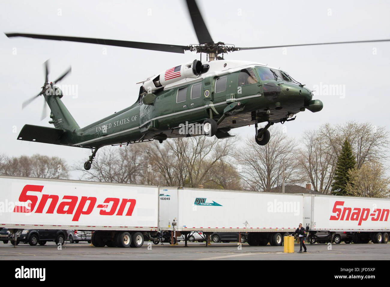 President Donald Trump lands in Marine One at the Snap-On Headquarters ...