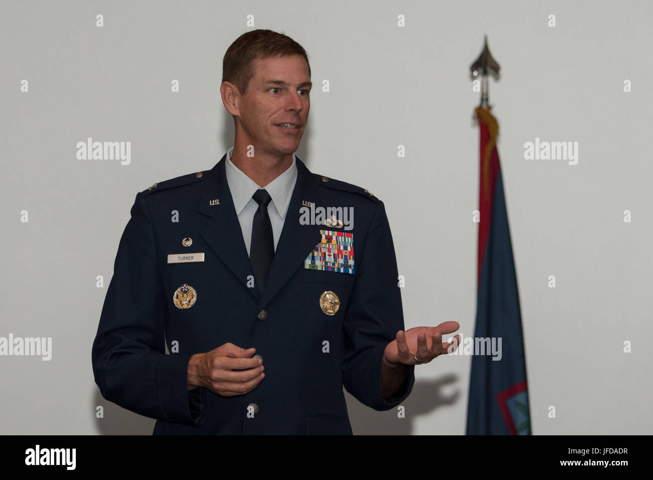 U.S. Col. Eric Turner, 36th Mission Support Group commander, speaks to ...