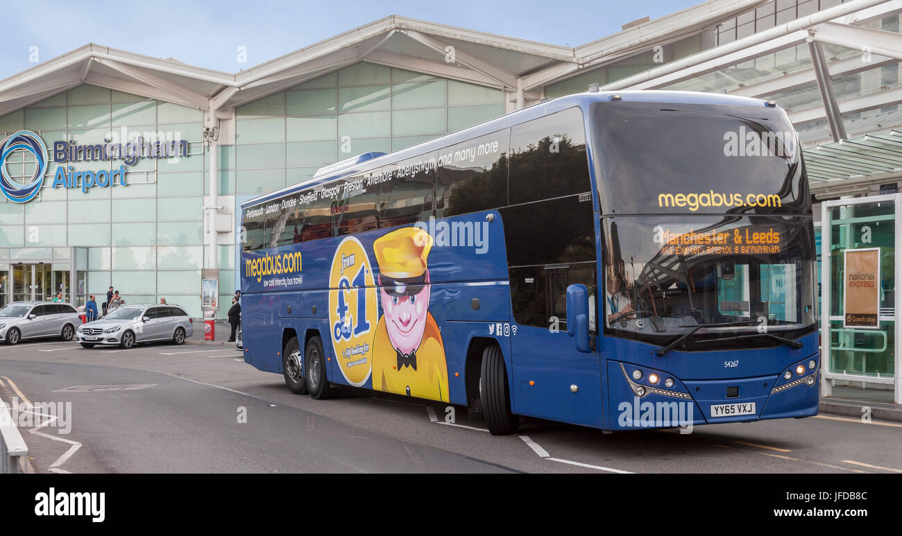 Megabus signed for Manchester & Leeds at a bus stop outside Birmingham ...