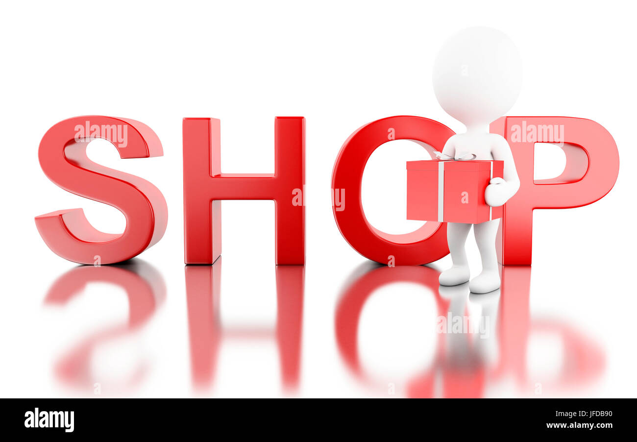 3D Illustration. White people with gift box and word SHOP. Shop concept ...