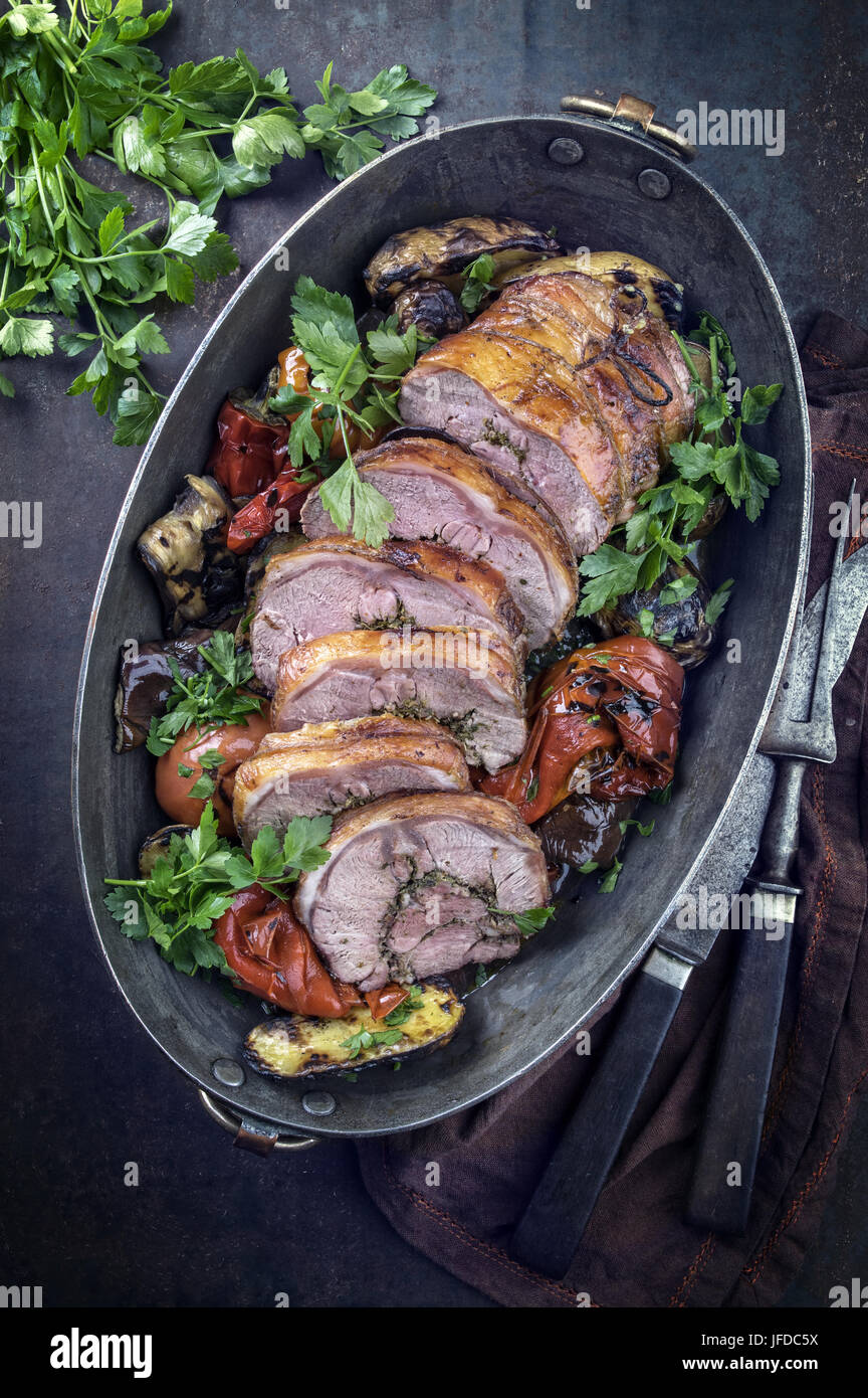 Rolled Lamb Roast with Barbecue Vegetable Stock Photo - Alamy