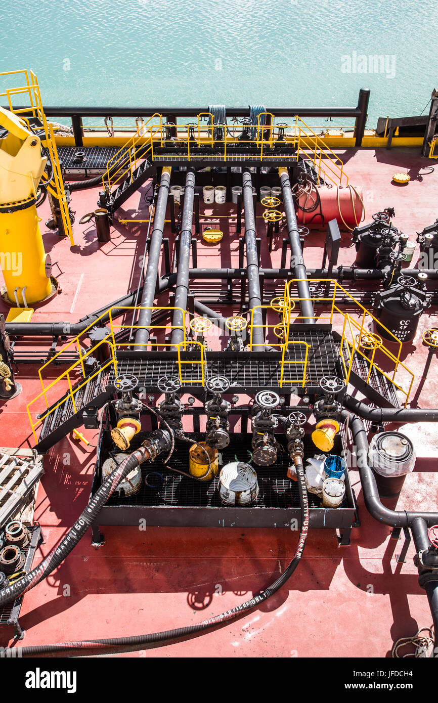 Pipes and valves on an industrial oil and fueling barge Stock Photo - Alamy