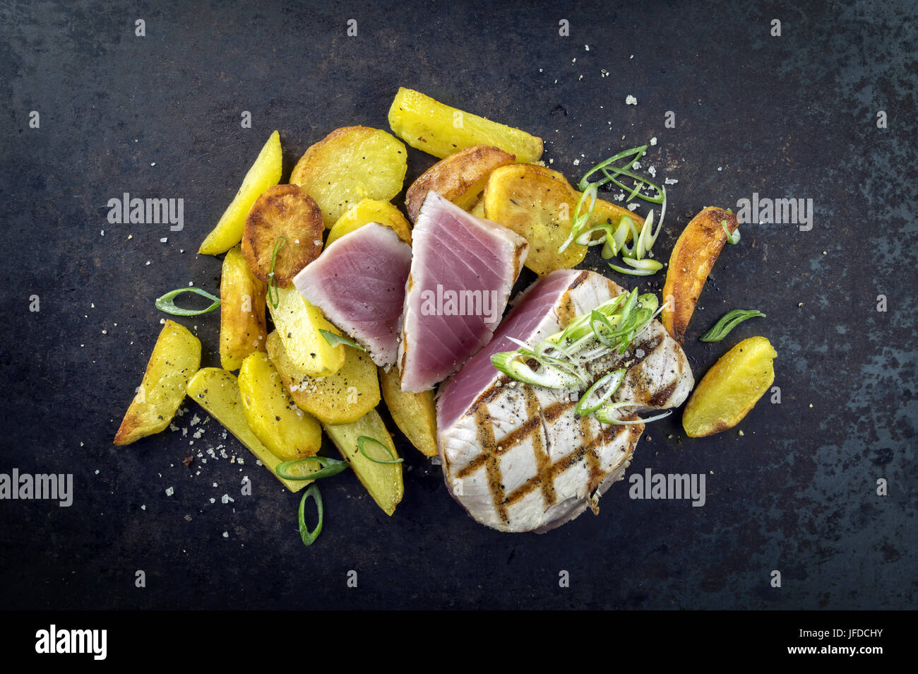 Tuna Steak with Fries Stock Photo - Alamy