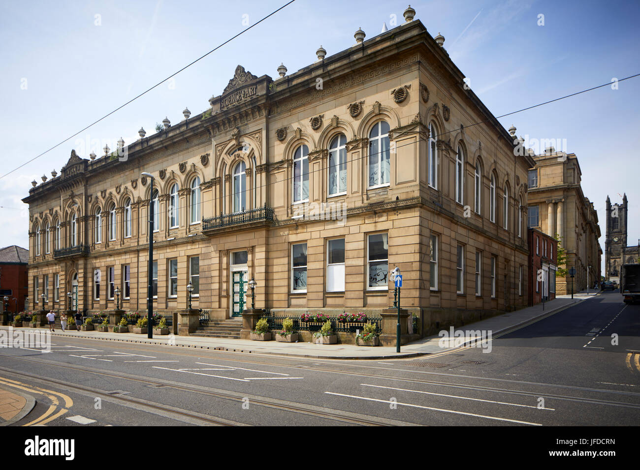Ornate Oldham Lyceum building and tramlines in Union Street Oldham also ...