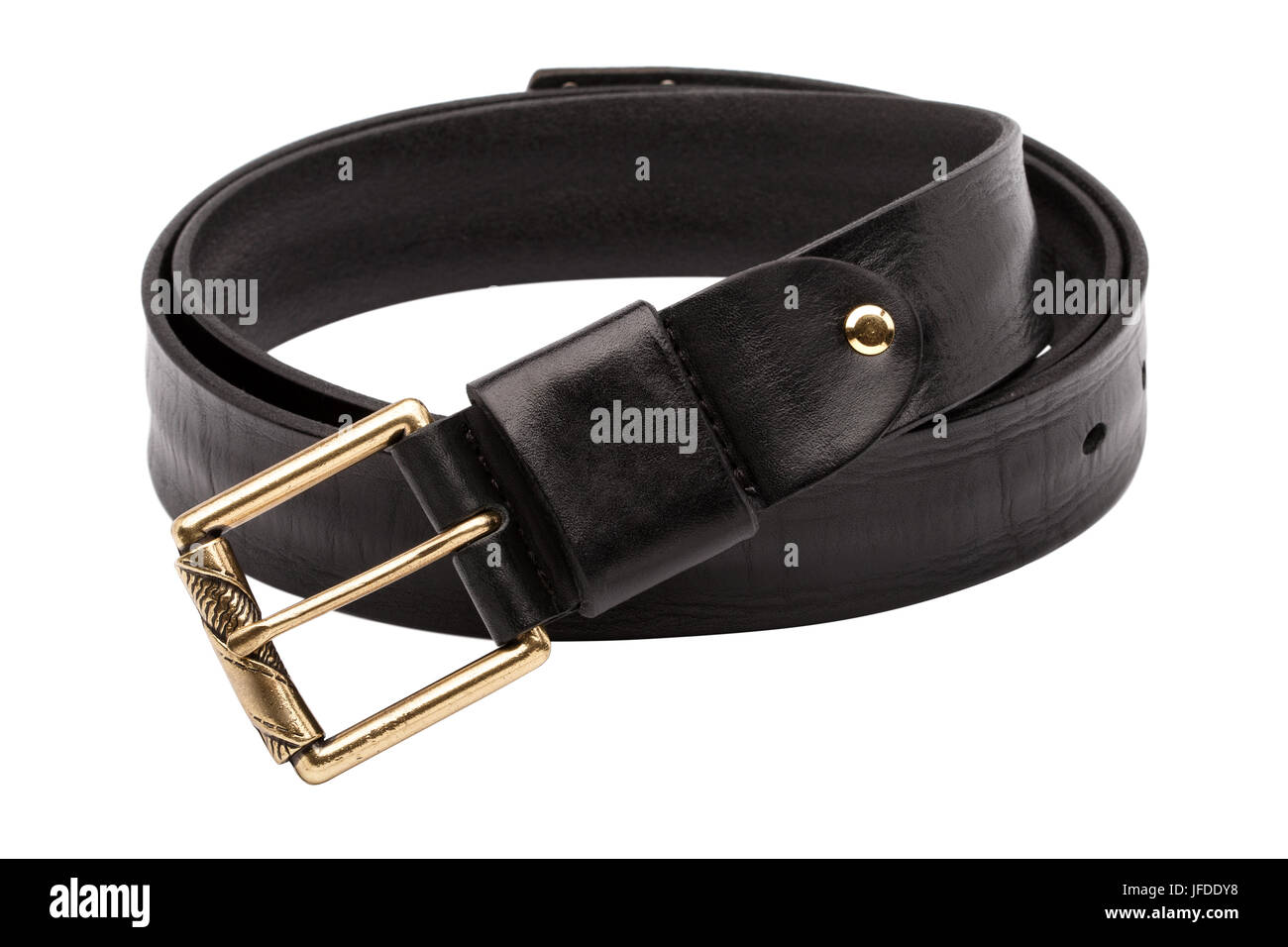Closeup view of black rolled fashion men belt isolated on white ...