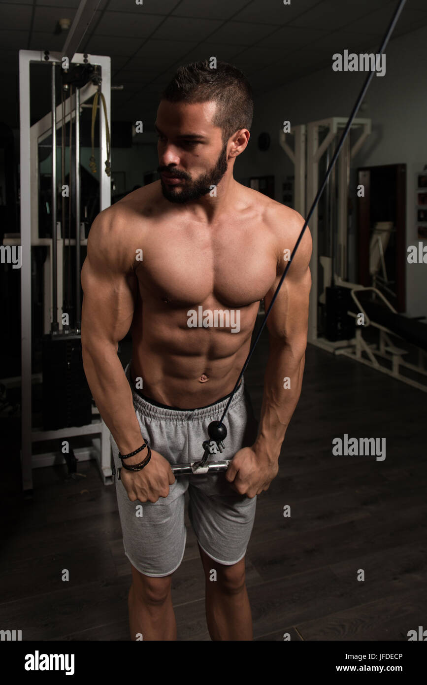 Handsome Muscular Fitness Model Doing Heavy Weight Exercise For Triceps ...