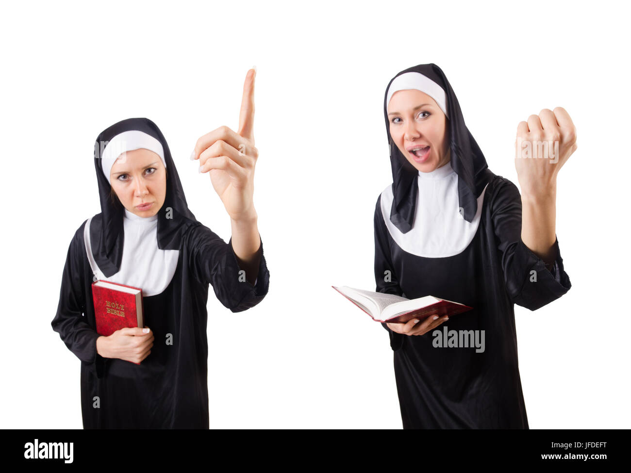 Pretty nun with Bible isolated on white Stock Photo - Alamy
