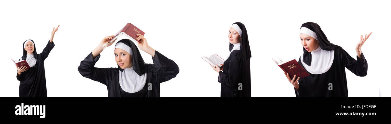 Pretty nun with Bible isolated on white Stock Photo - Alamy