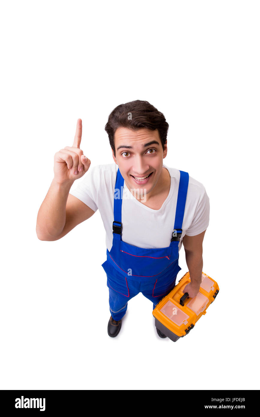 Funny repairman with tools isolated on white Stock Photo - Alamy