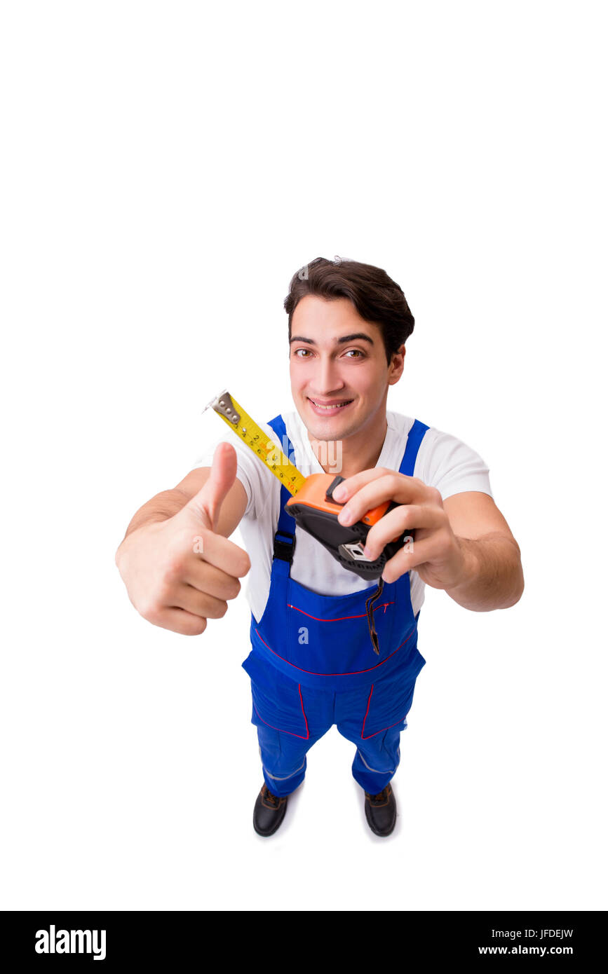 Man with tape measure isolated on white Stock Photo - Alamy
