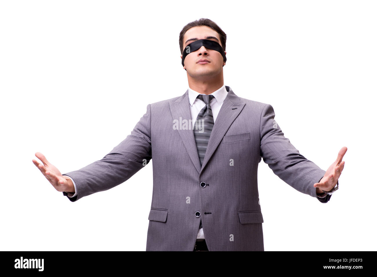 Blindfolded businessman isolated on white Stock Photo - Alamy