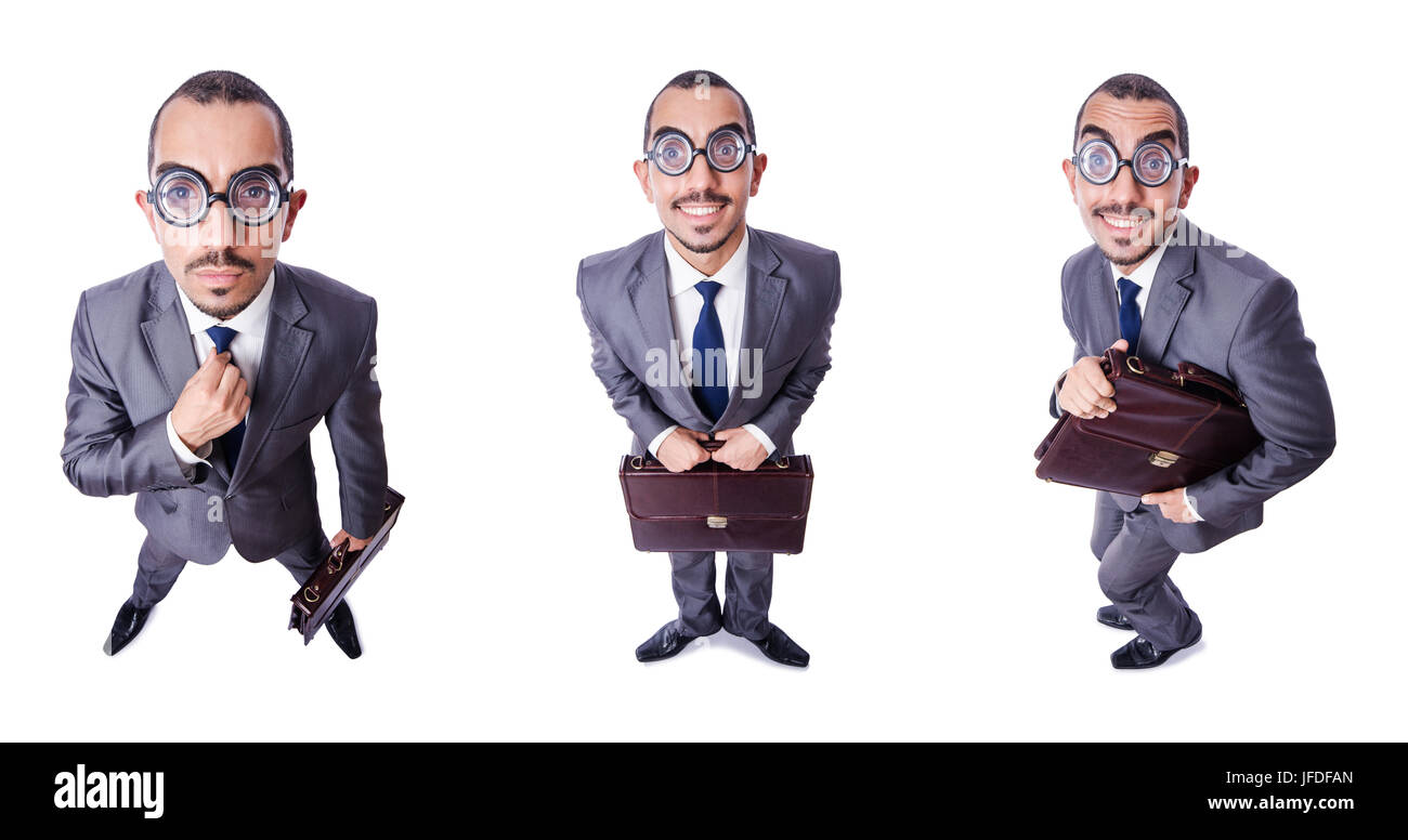 Funny nerd businessman isolated on white Stock Photo - Alamy