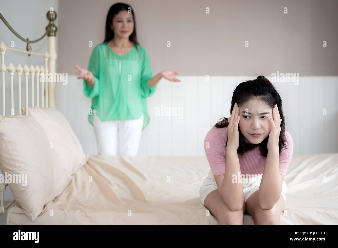 Beautiful Asian Mother Is Scolding Her Teenage Daughter Girl Is