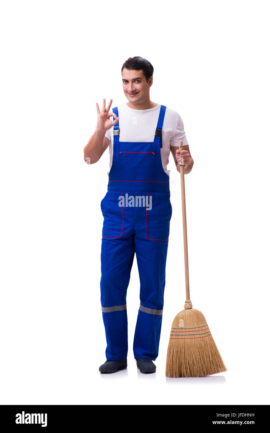 Man cleaning floor isolated on white Stock Photo - Alamy