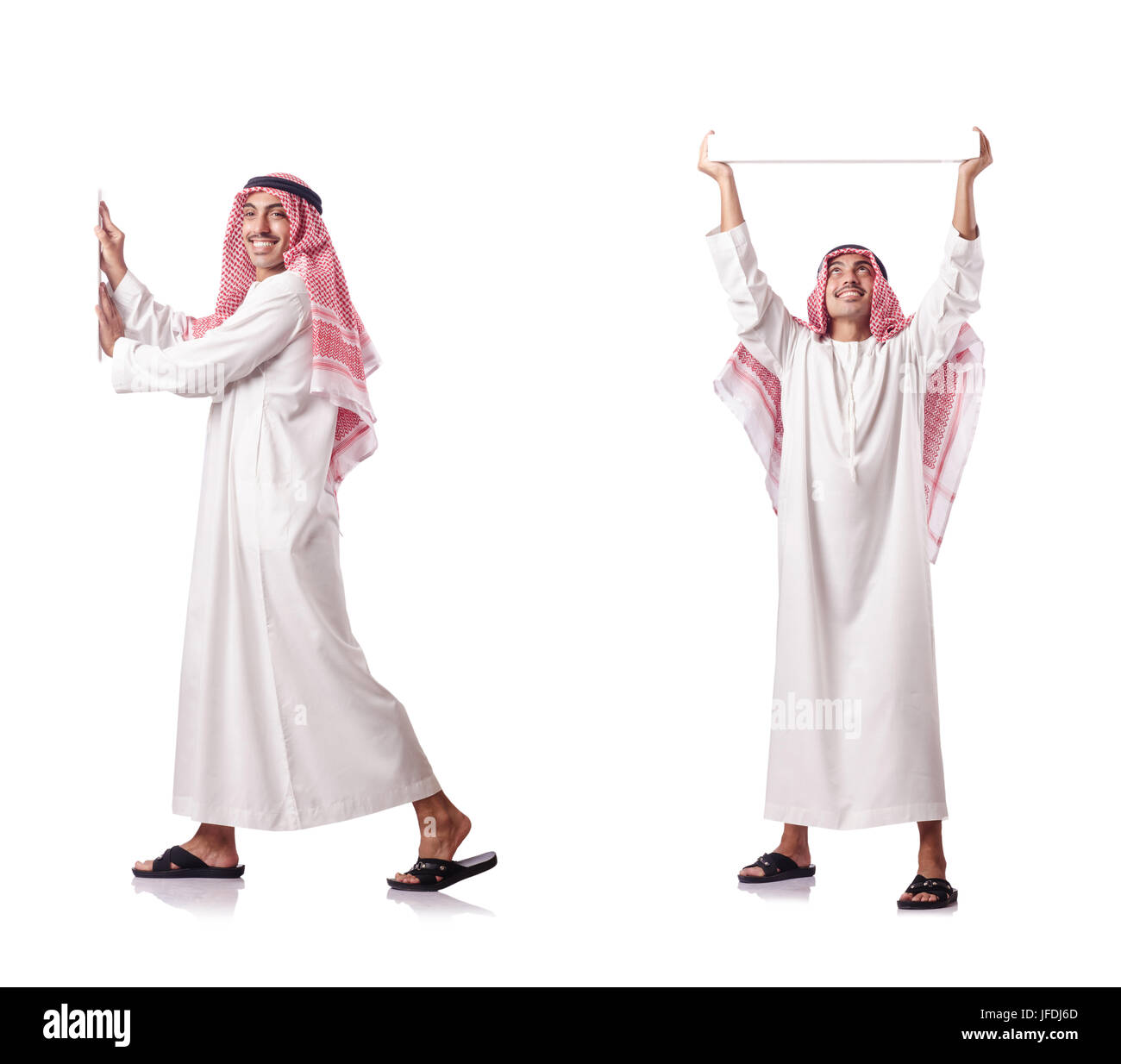Arab man pushing virtual obstacle on white Stock Photo - Alamy