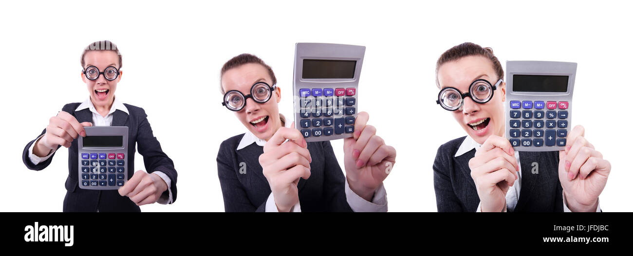 Nerd female accountant with calculator Stock Photo - Alamy