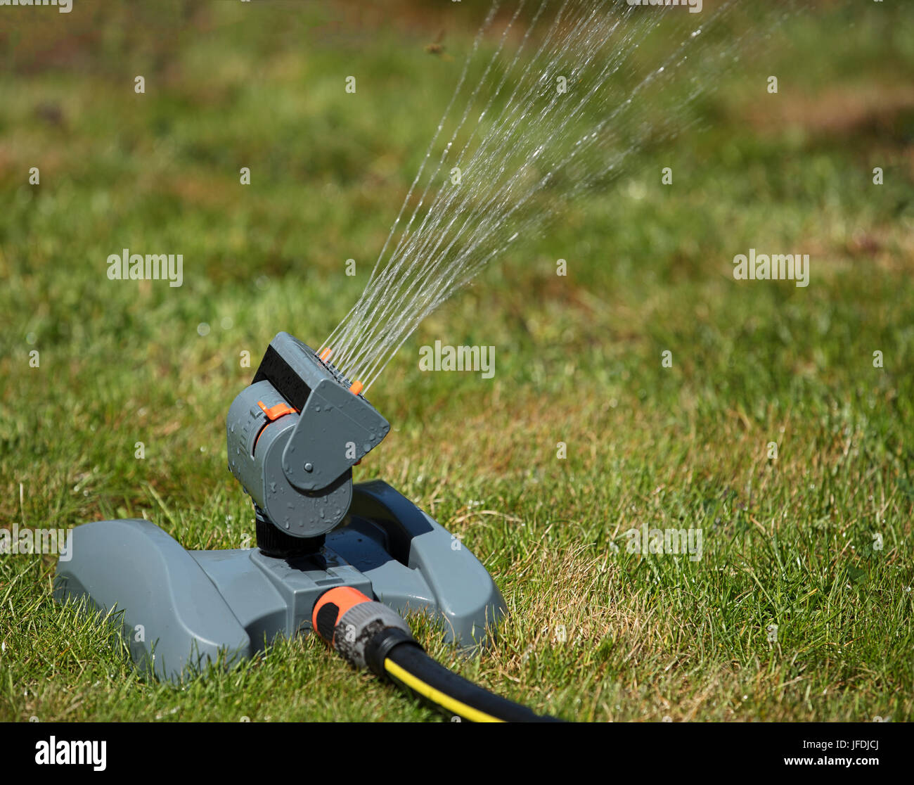 A close-up of a horizontal oscillating sprinkler for lawns that pours a ...