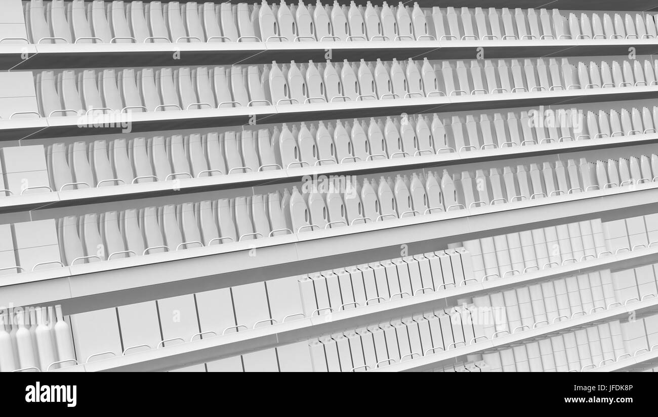 close up view of shelves full of products, white background (3d render ...
