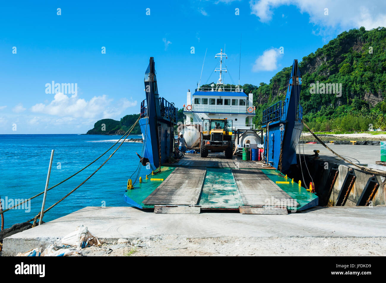 Cargo boat in the harbour of Tau Island, Manuas, American Samoa, South ...