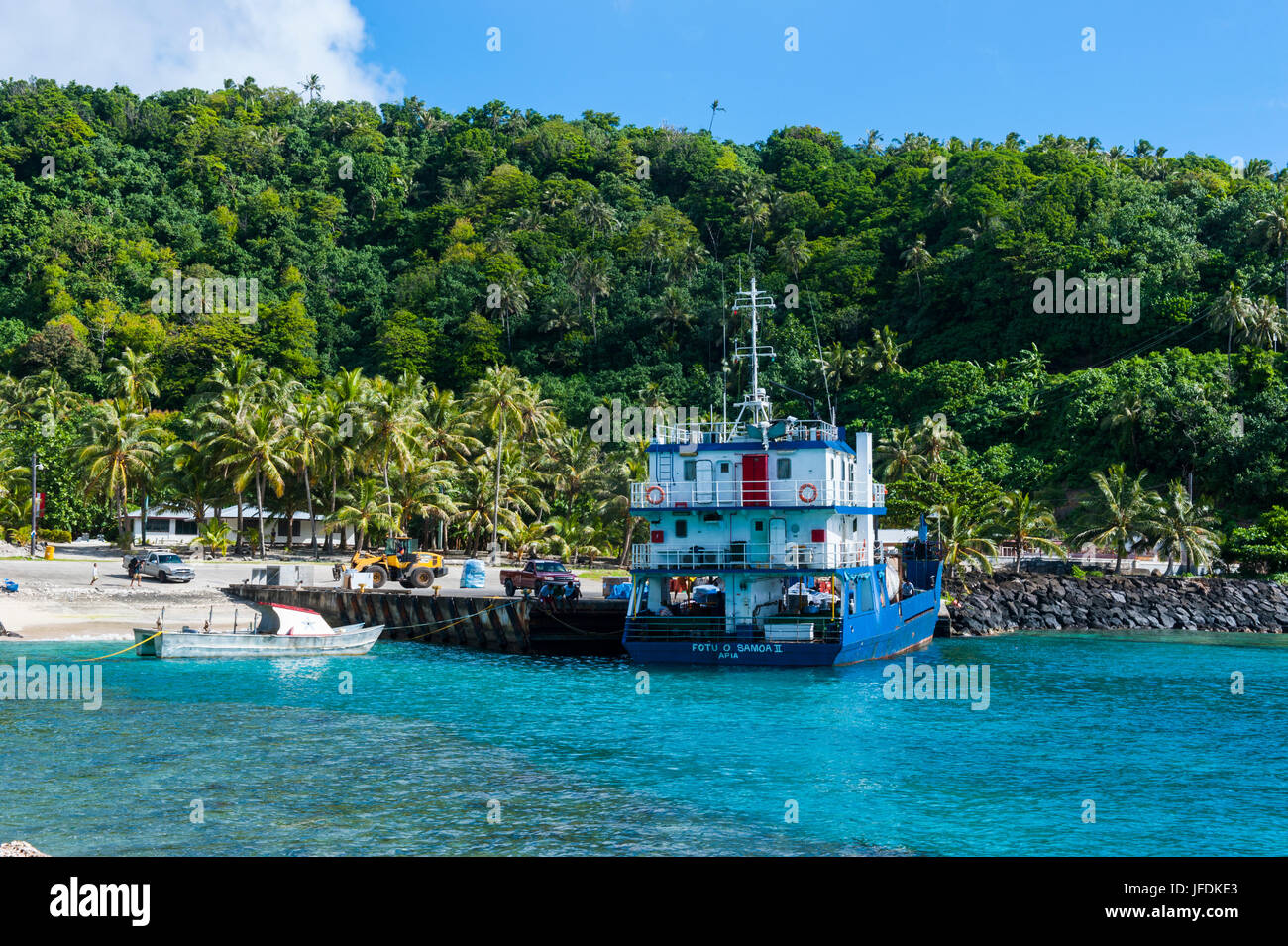 Cargo boat in the harbour of Tau Island, Manuas, American Samoa, South ...