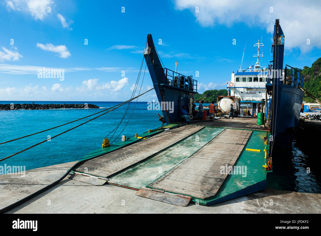 Cargo boat in the harbour of Tau Island, Manuas, American Samoa, South ...