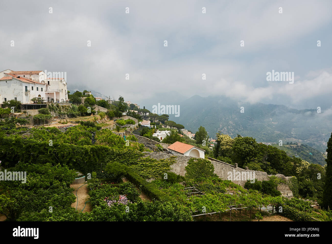 Scenic panoramic view of Ravello surroundings with agriculture terraces ...