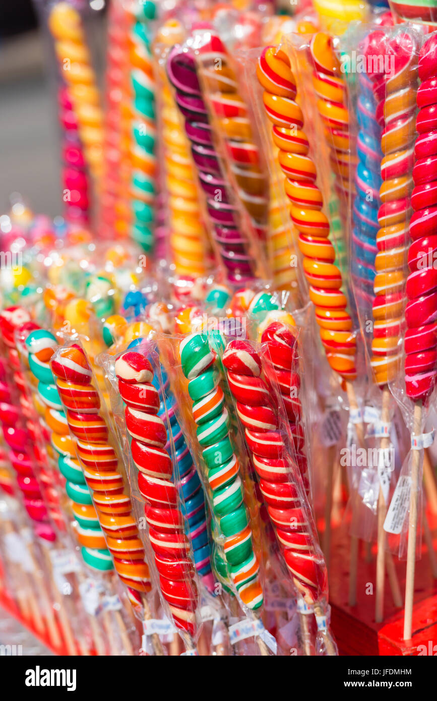Close up of colorful handmade swirl lollipops on street market Stock ...