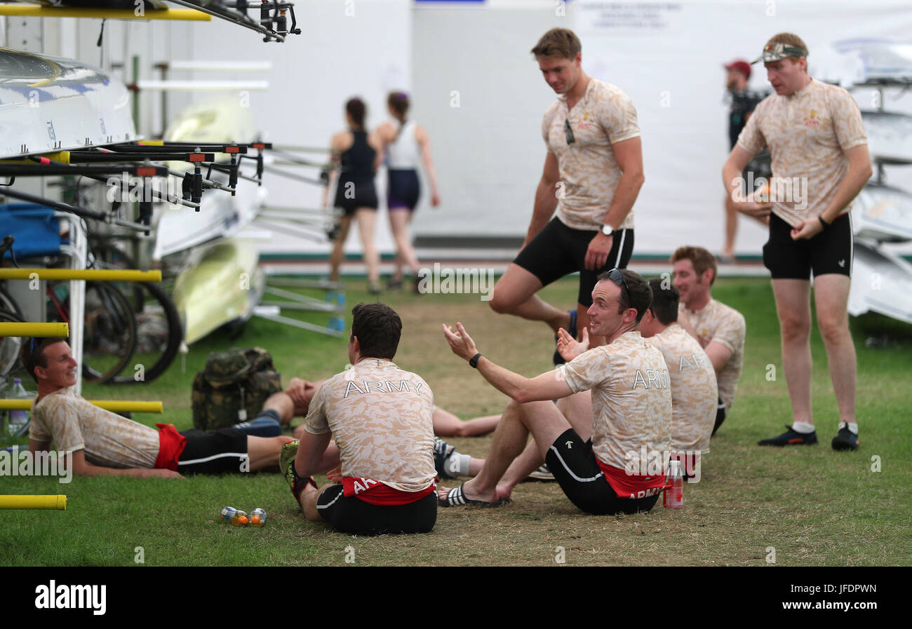 The Army rowing team rest during day three of the 2017 Henley Royal ...