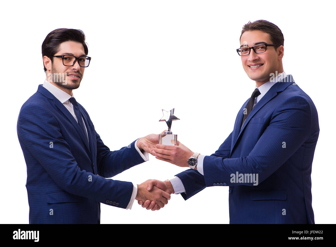 Businessman receiving award isolated on white Stock Photo - Alamy