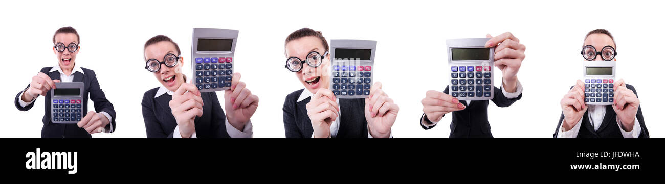Nerd female accountant with calculator Stock Photo - Alamy