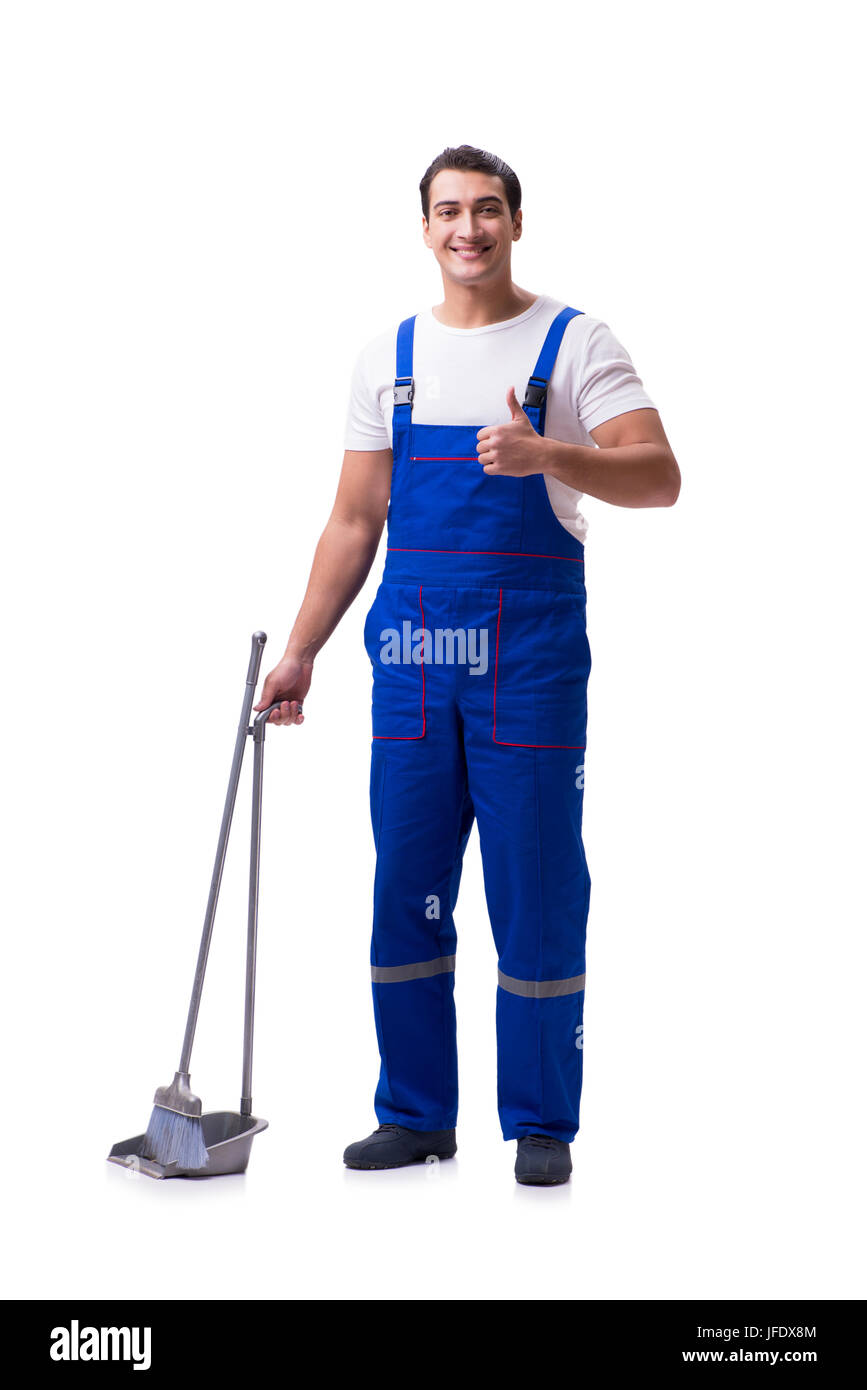 Man cleaning floor isolated on white Stock Photo - Alamy