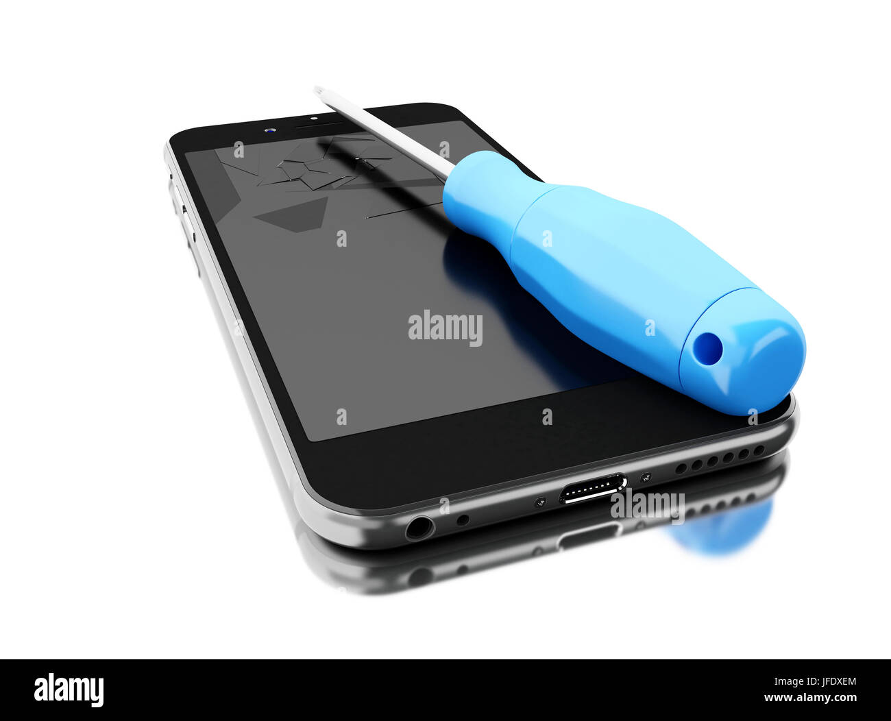 3d illustration. Smartphone with broken screen and screwdriver. Repair ...