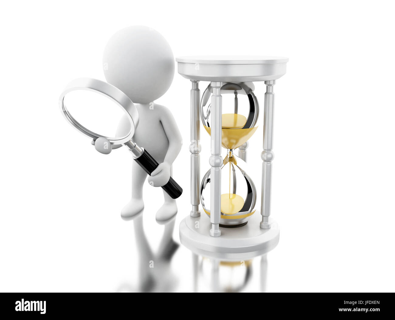 3d illustration. White people looking an hourglass through a magnifying ...