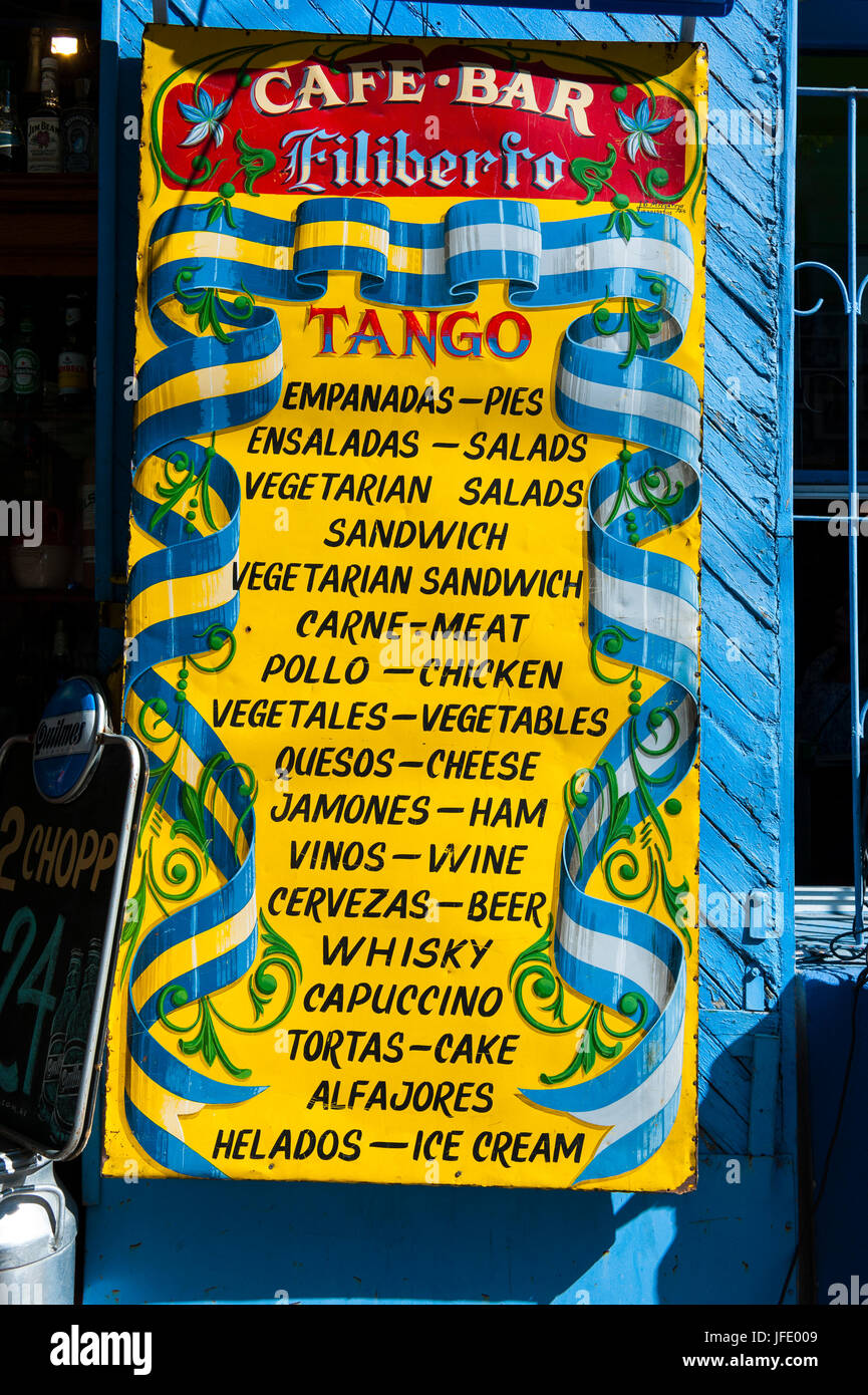 Menu of a restaurant, La boca, neighbourhood in Buenos Aires, Argentina ...