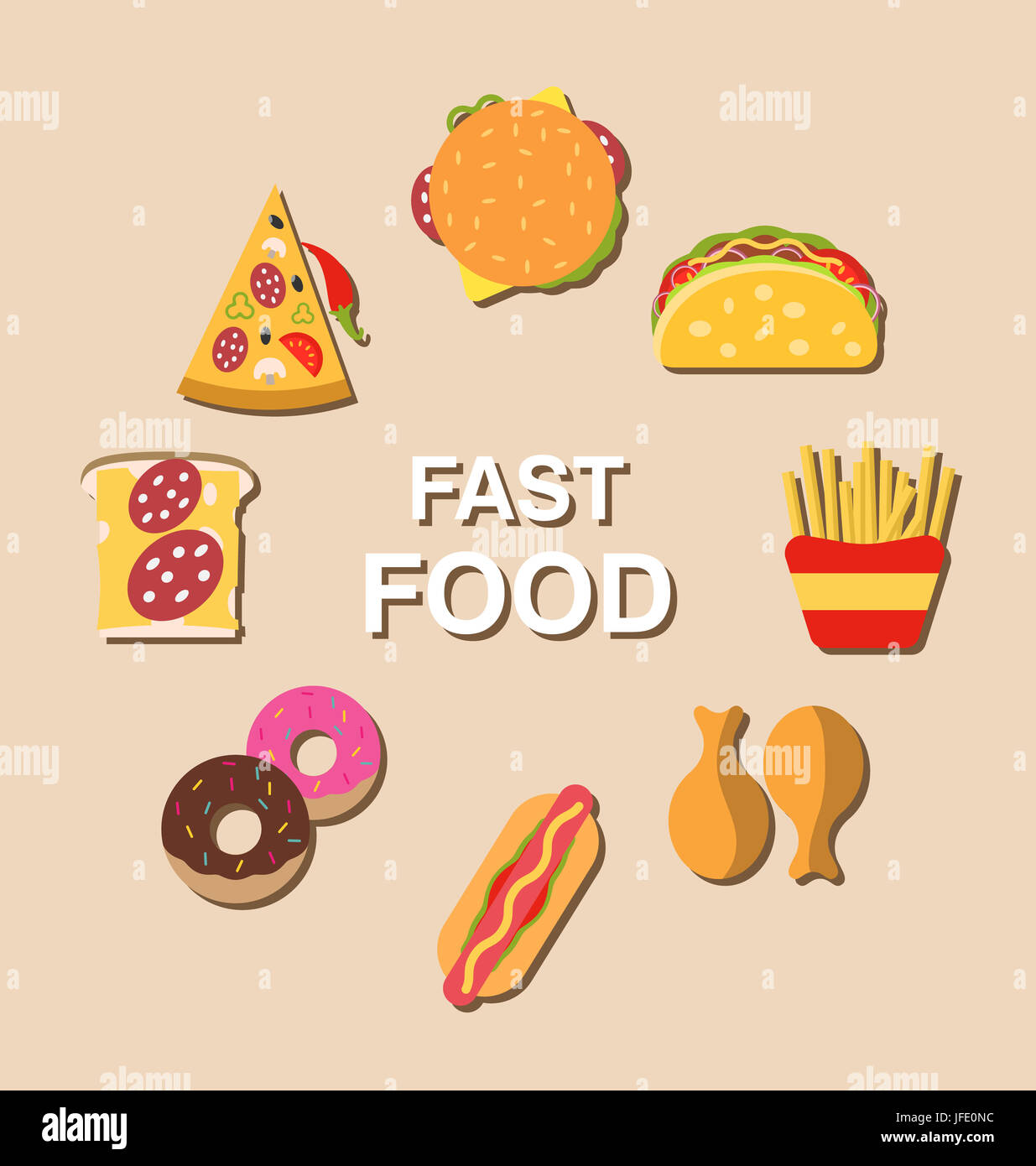 Illustration set fast food flat icons with shadows Stock Photo - Alamy